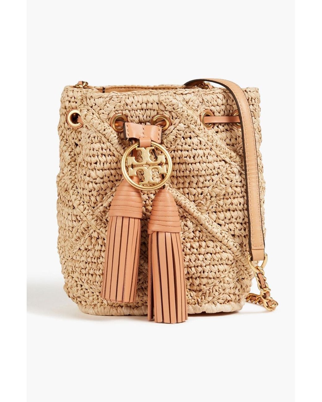Tory Burch Fleming Leather-trimmed Straw Bucket Bag in Natural | Lyst ...