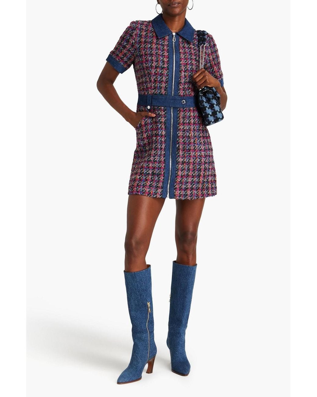 Sandro Denim-trimmed Checked Tweed Mini Dress in Blue | Lyst