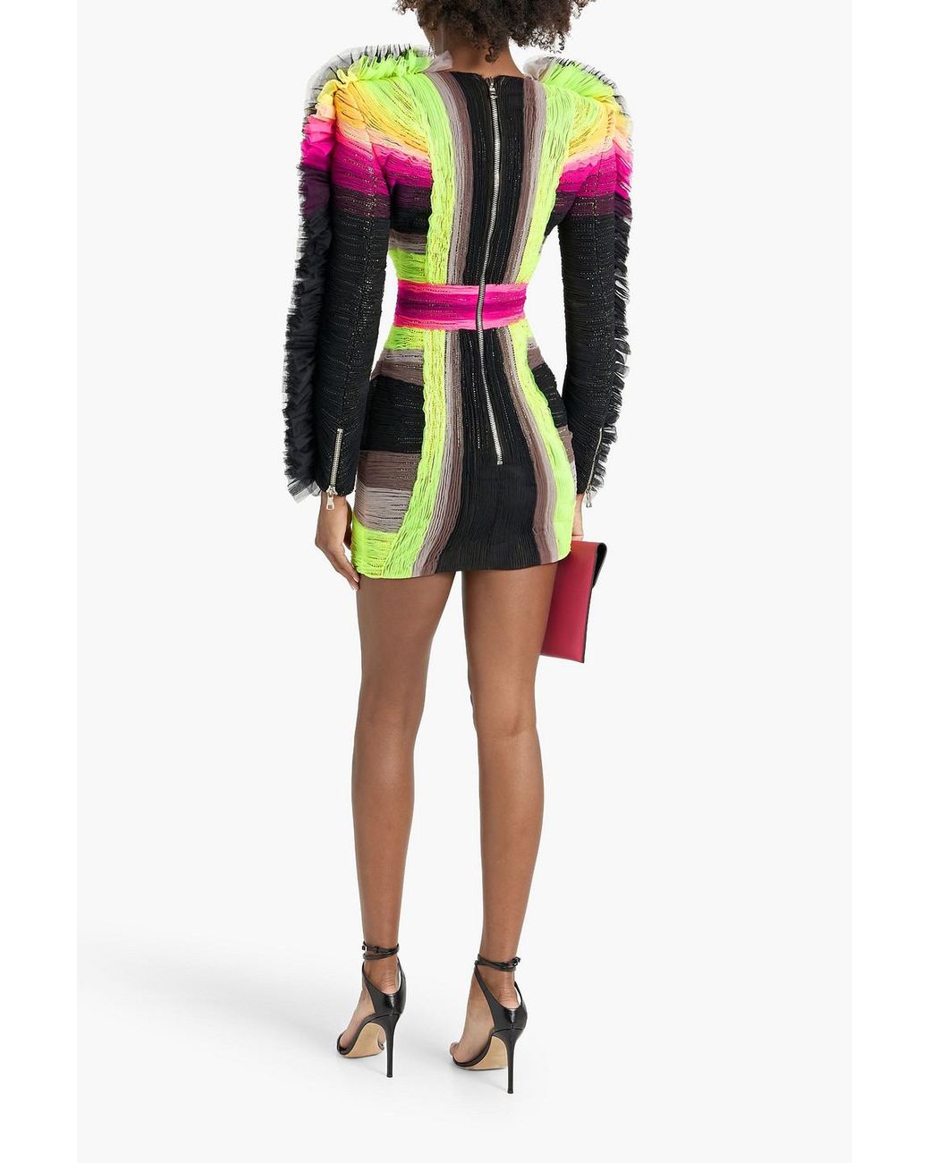 Balmain Crystal-Embellished Striped Plissé-Tulle Mini Dress in Green | Lyst