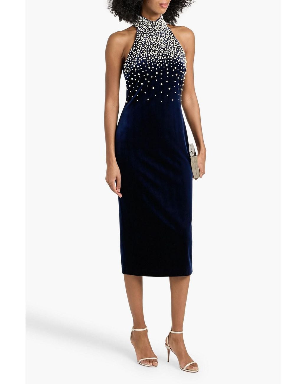 Badgley Mischka Faux Pearl-Embellished Velvet Midi Dress in Blue | Lyst