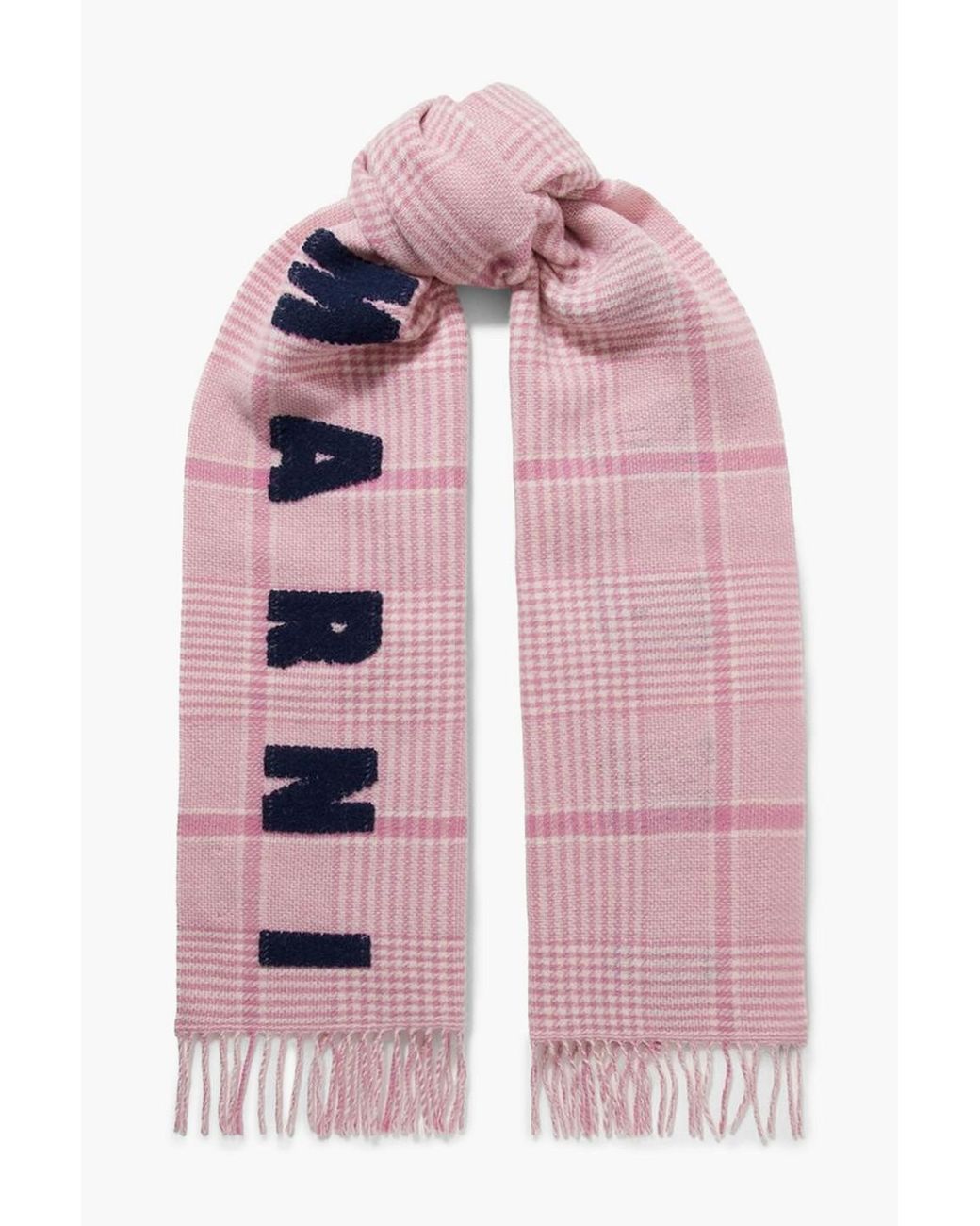 Marni Fringed Embroidered Prince Of Wales Checked Wool Scarf in Pink ...