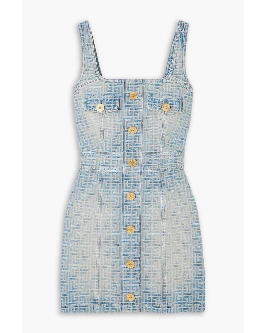 Balmain Button-Embellished Denim-Jacquard Mini Dress in Blue | Lyst