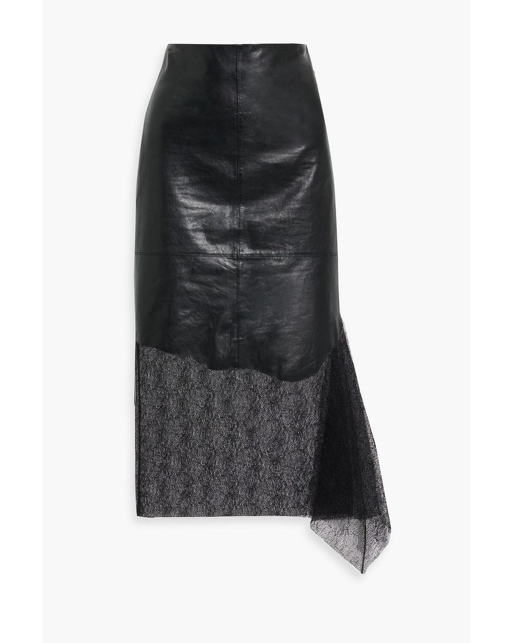 Helmut Lang Lace-trimmed Leather Midi Skirt in Black | Lyst