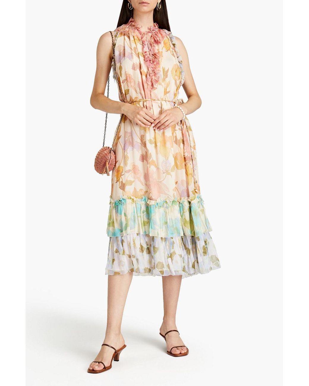 Zimmermann Tempo Ruffle Trimmed Floral Print Silk Crepon Midi Dress In