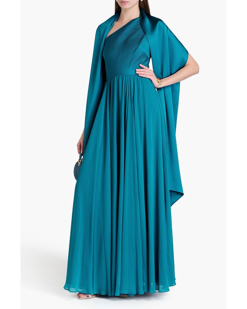 Badgley Mischka One-shoulder Georgette-paneled Satin Gown in Blue | Lyst