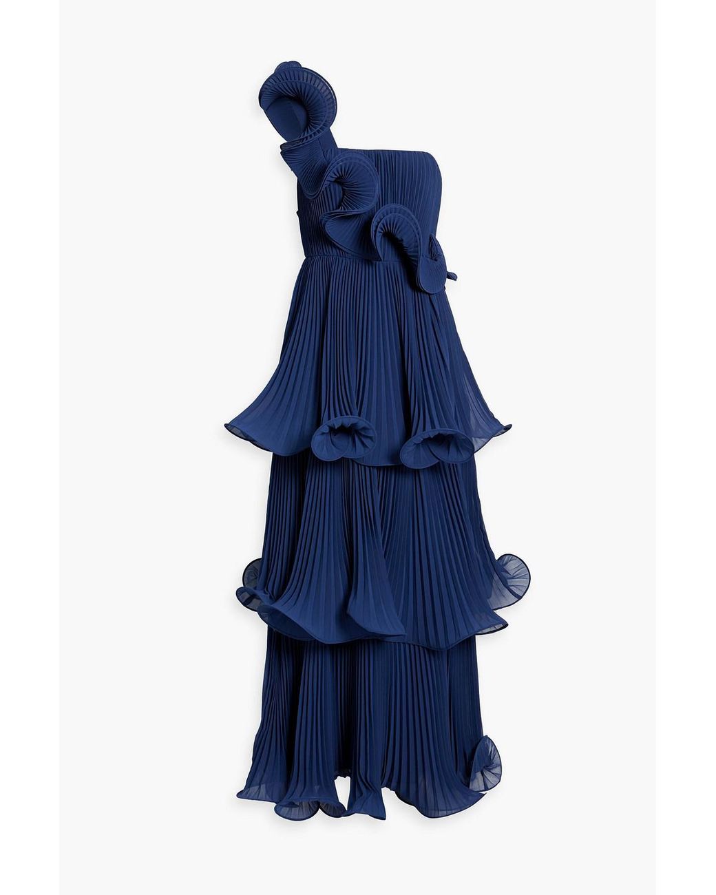 Badgley Mischka One-shoulder Tiered Plissé-chiffon Gown in Blue | Lyst