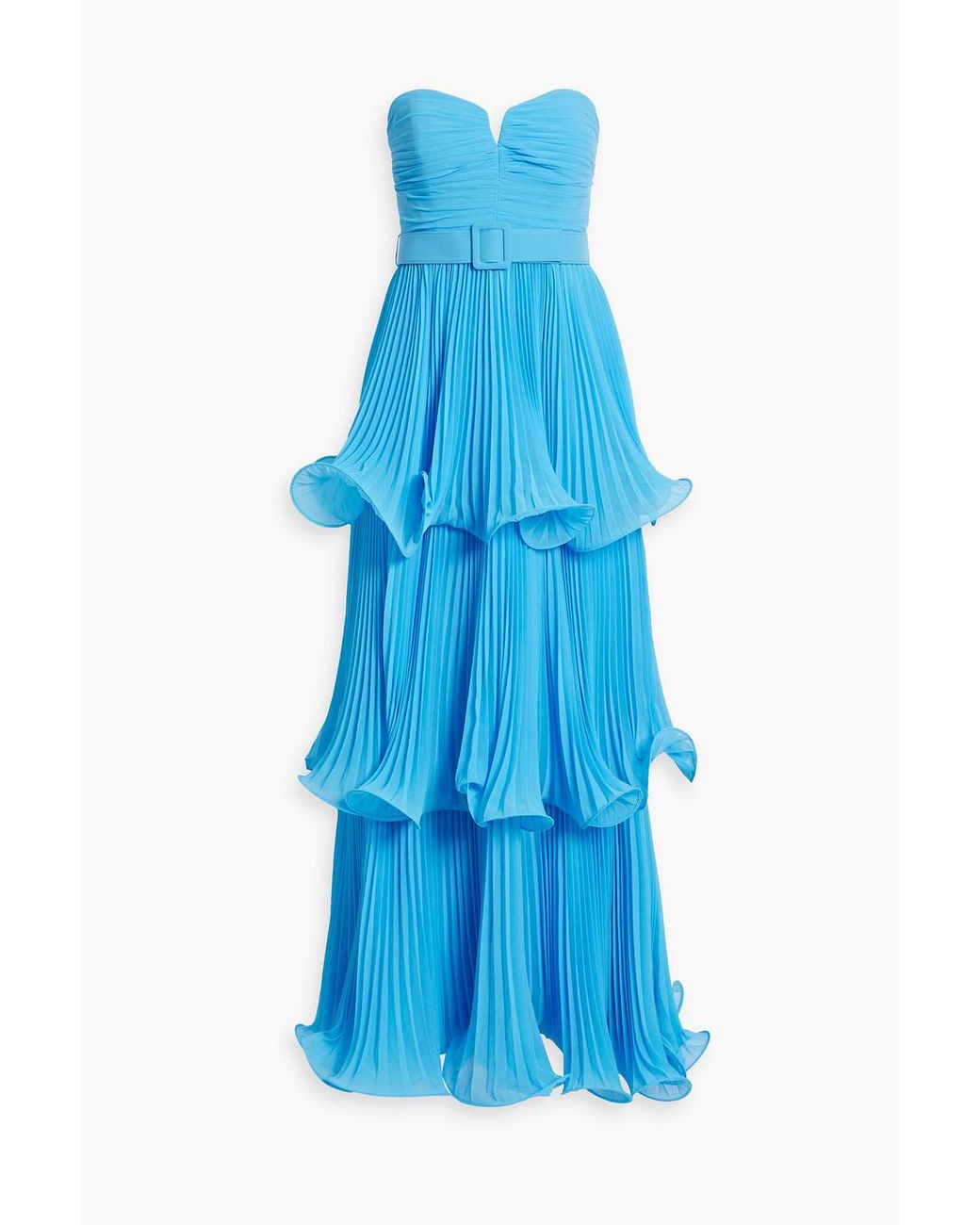 Badgley Mischka Strapless Tiered Plissé-chiffon Gown in Blue | Lyst