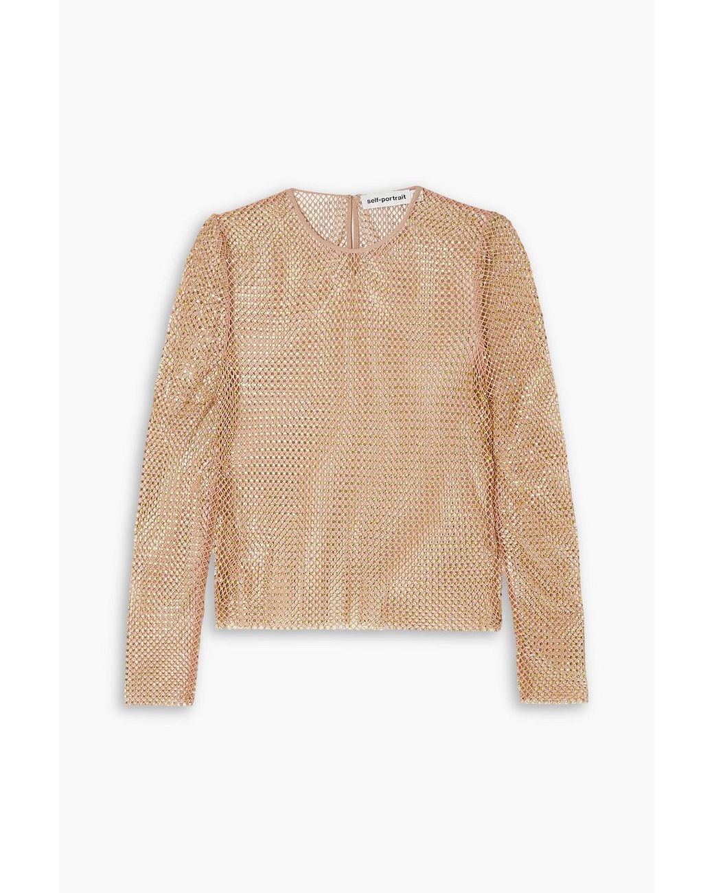 Self-Portrait Crystal-embellished Mesh Top in Natural | Lyst