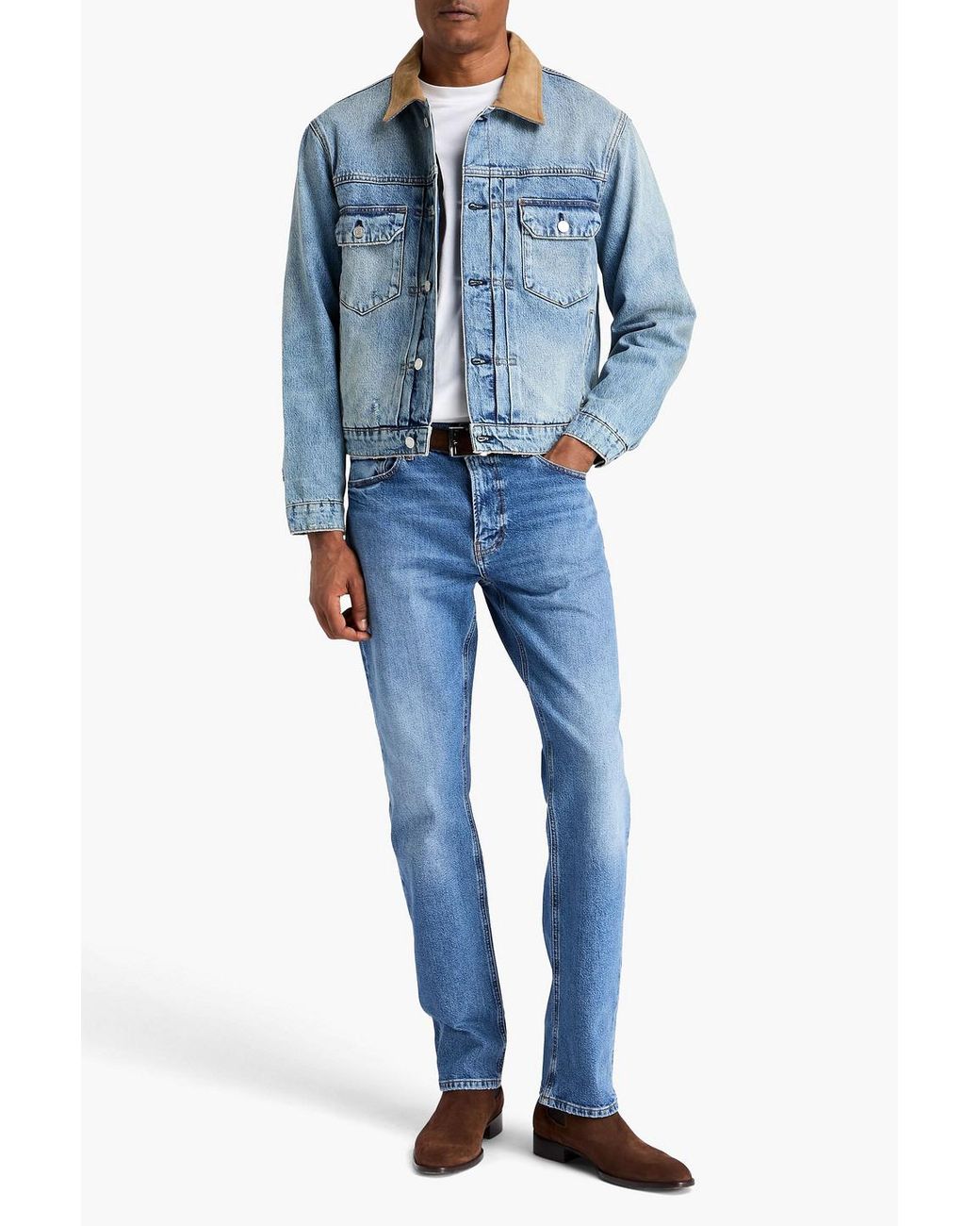 FRAME Suede-Trimmed Faded Denim Jacket in Blue for Men | Lyst UK