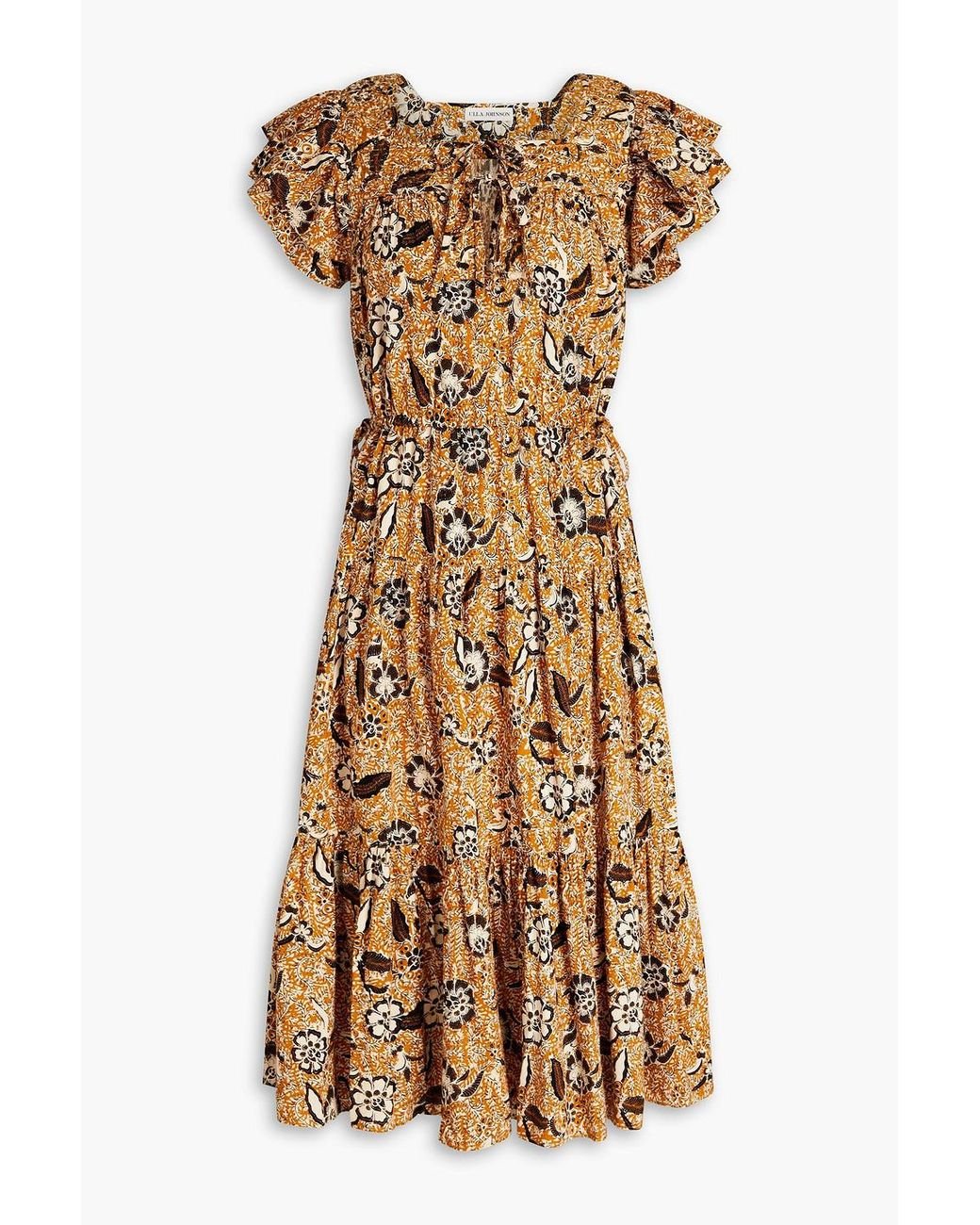 Ulla Johnson Amber Gathered Floral-print Cotton-blend Midi Dress in ...