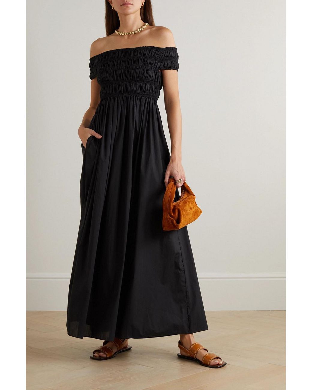 Matteau Off-the-shoulder Shirred Cotton-poplin Maxi Dress in Black | Lyst
