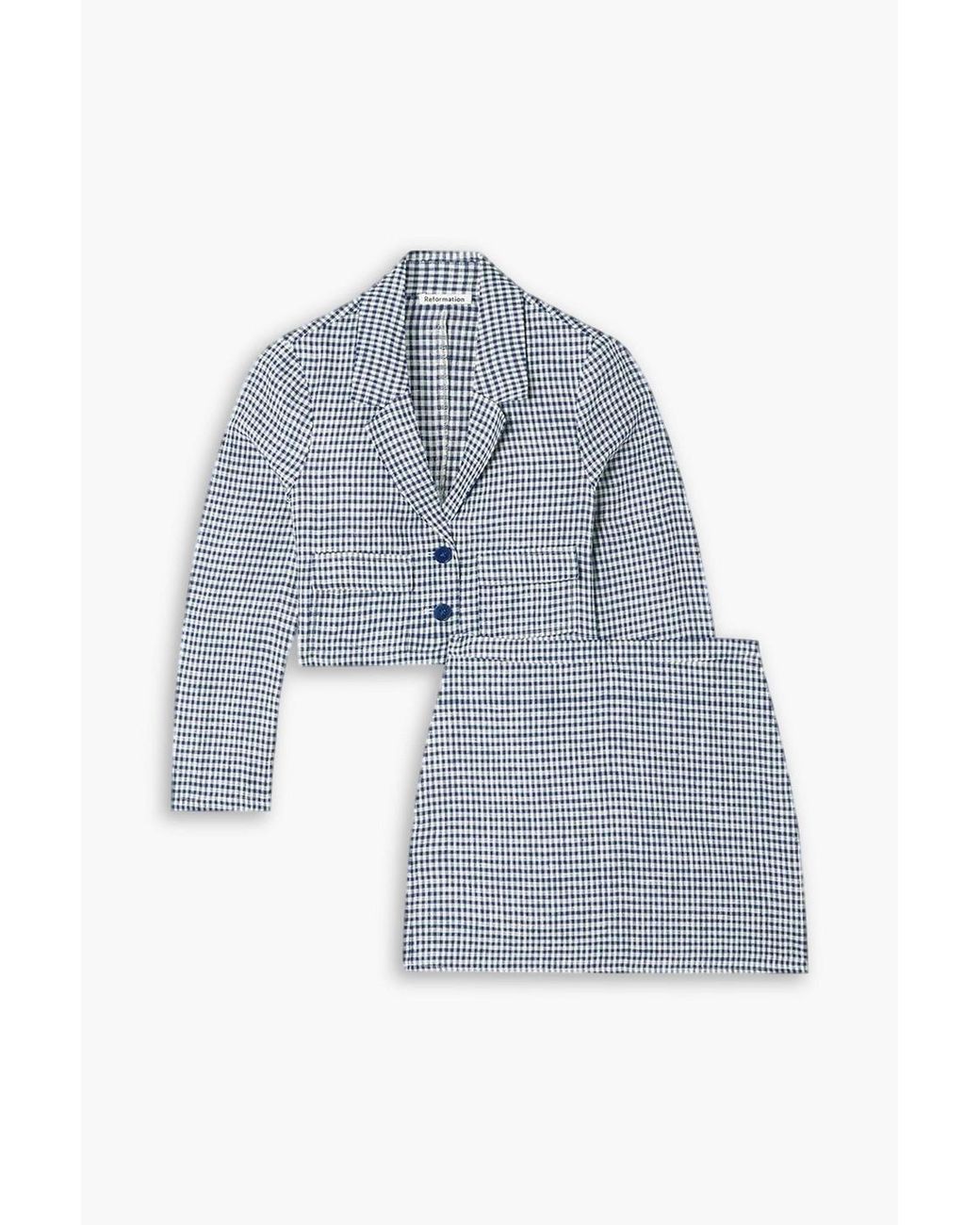 Reformation Elton Gingham Linen Cropped Blazer And Mini Skirt Set in ...
