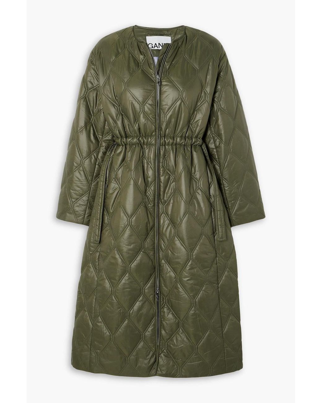Ganni Quilted Glossed-shell Coat in Green | Lyst