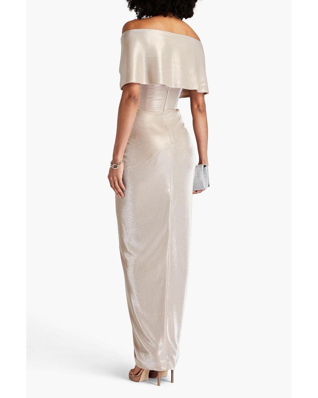 Rhea Costa Off-the-shoulder Wrap-effect Metallic Jersey Gown in White ...