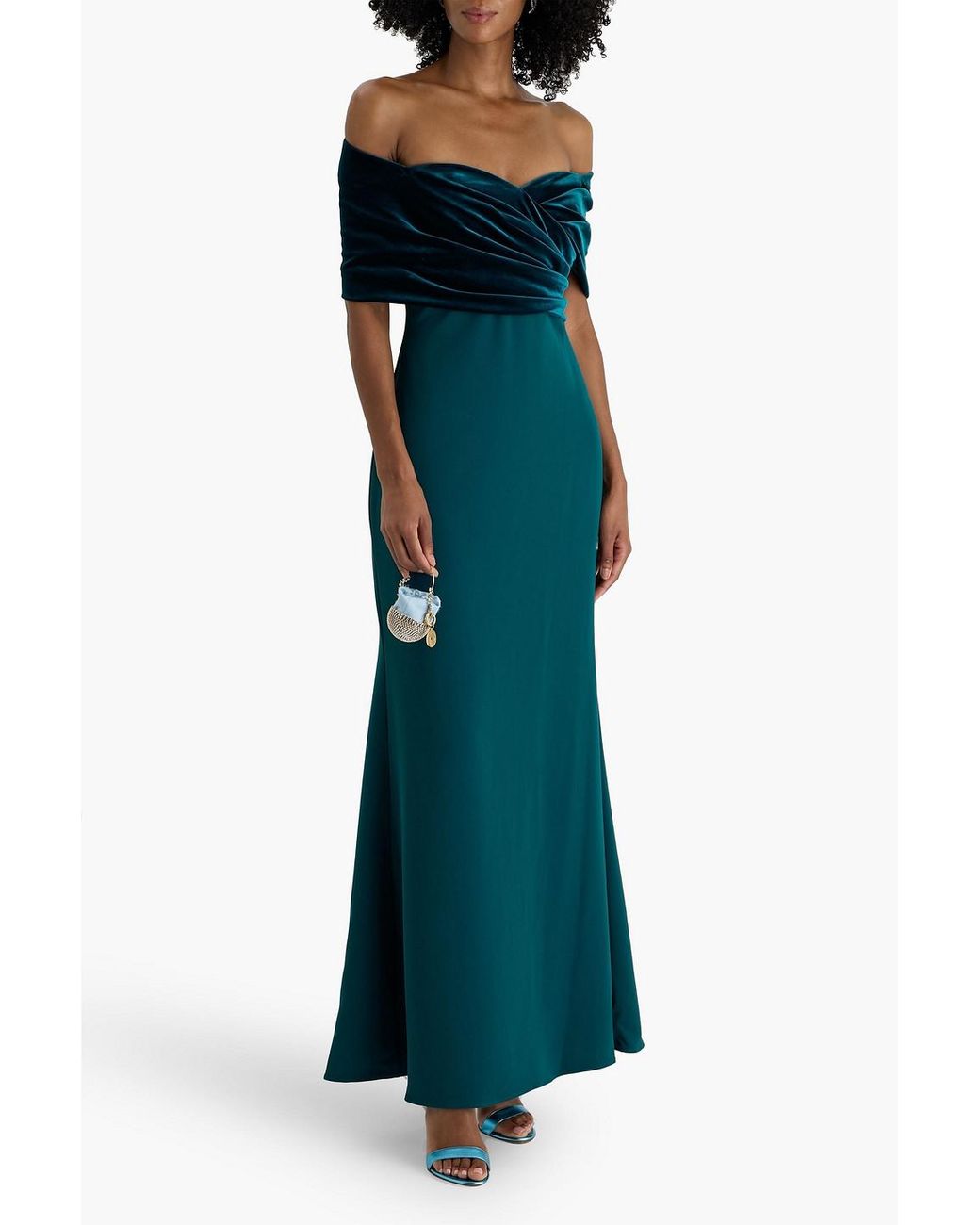 Badgley Mischka Draped Velvet And Crepe Gown in Green | Lyst