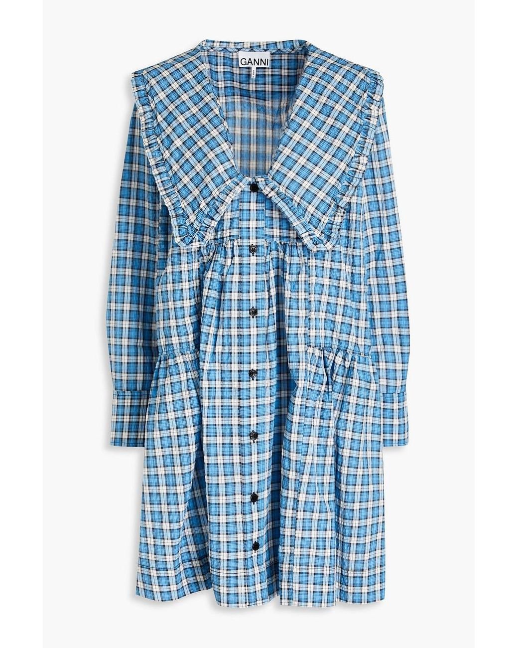 Ganni Checked Cotton-blend Seersucker Mini Shirt Dress in Blue | Lyst