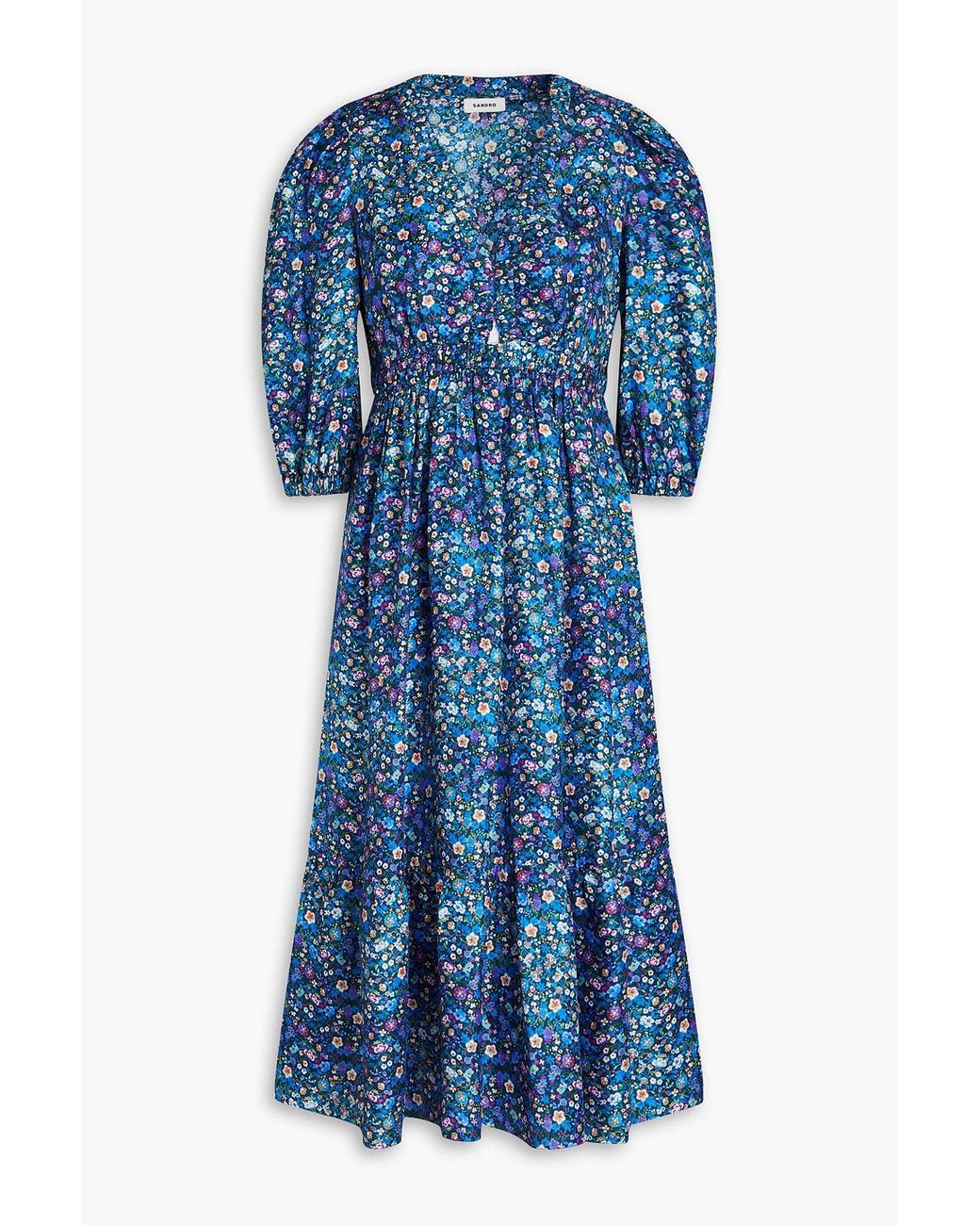 Sandro Floral-print Silk-twill Midi Dress in Blue | Lyst