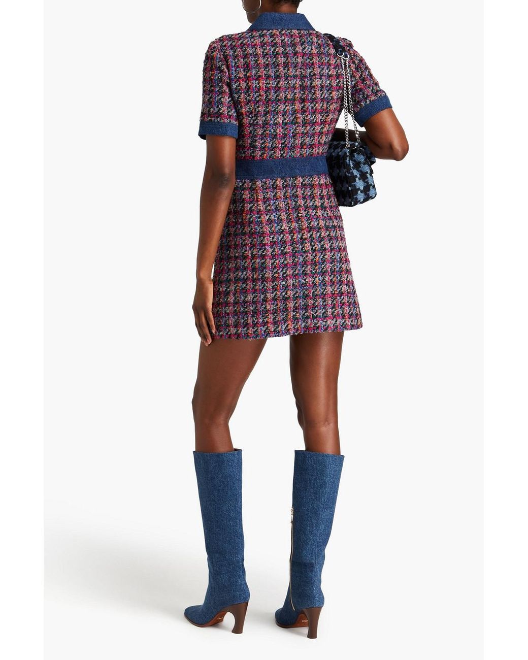Sandro Denim-trimmed Checked Tweed Mini Dress in Blue | Lyst