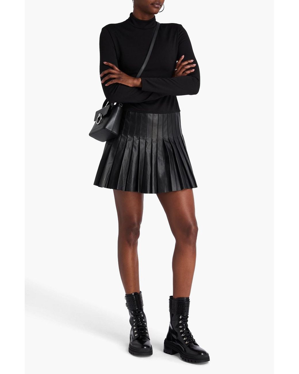 Claudie Pierlot Pleated Leather-paneled Jersey Mini Dress in Black ...