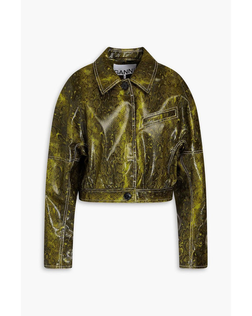 Ganni Cropped Faux Snake-effect Leather Jacket in Green | Lyst
