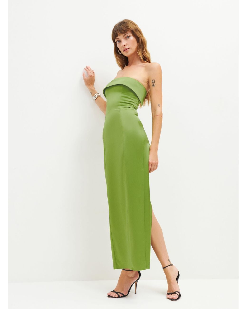 Reformation Johan Satin Dress in Green | Lyst