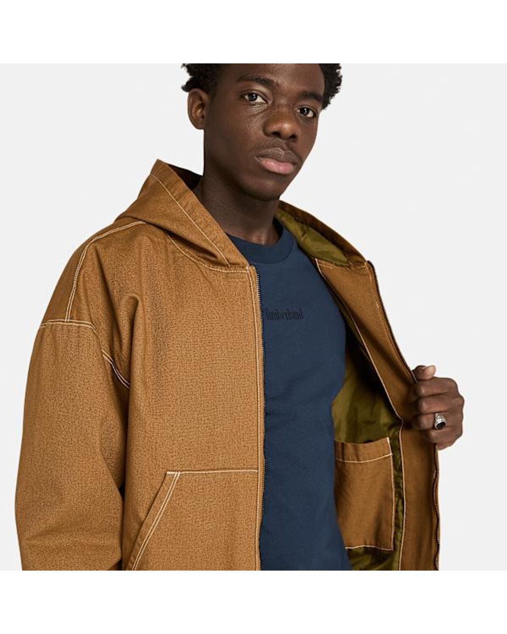Timberland All Gender Washed Duck Canvas Hooded Bomber in Yellow | Lyst UK