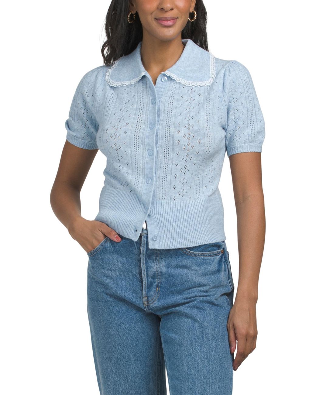 TJ Maxx Short Sleeve Lace Collar Cardigan, Spandex/Polyester/Acrylic in ...
