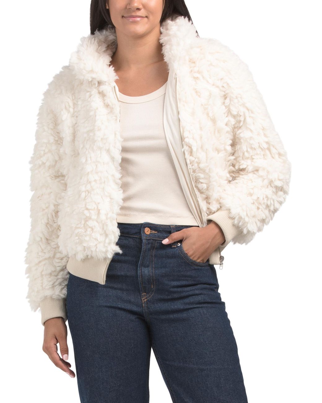 TJ Maxx Sherpa Zip Up Cropped Jacket For Spandex/Polyester in White | Lyst