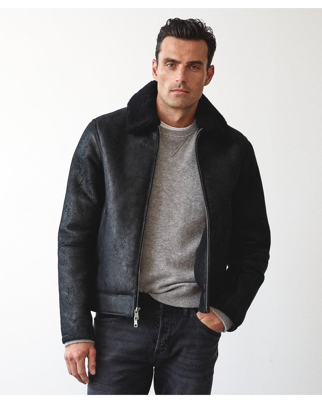 Todd Snyder Italian Shearling Leather Aviator Jacket in Black for Men ...