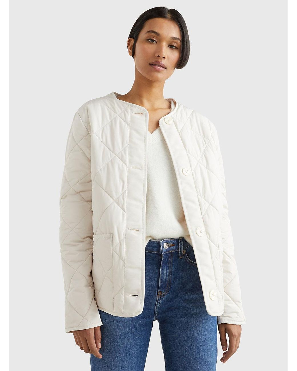 Tommy Hilfiger Quilted Collarless Padded Short Jacket in White | Lyst UK