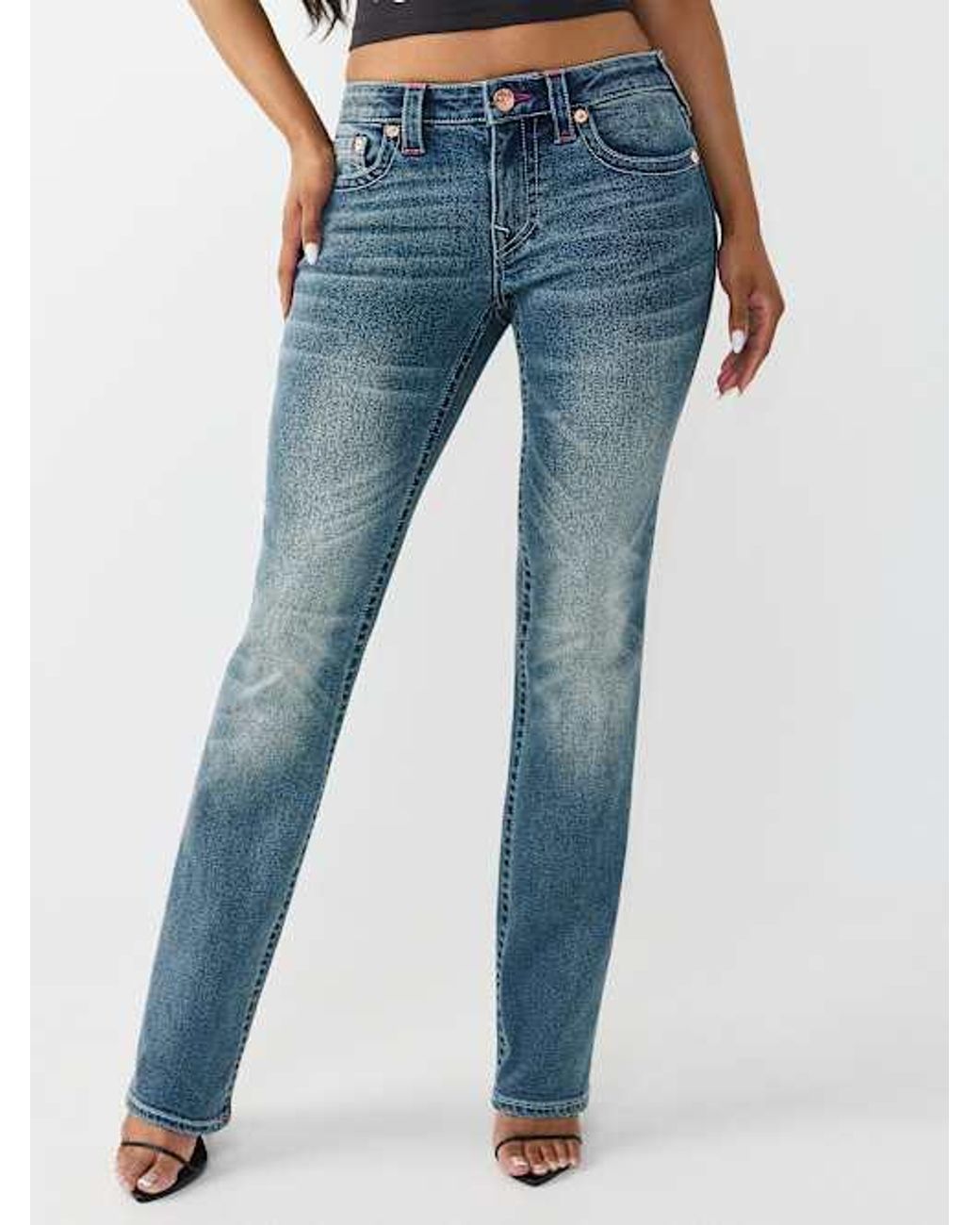 TRUE RELIGION Billie Mid Rise Crystal Cherry Straight Jean in Blue | Lyst
