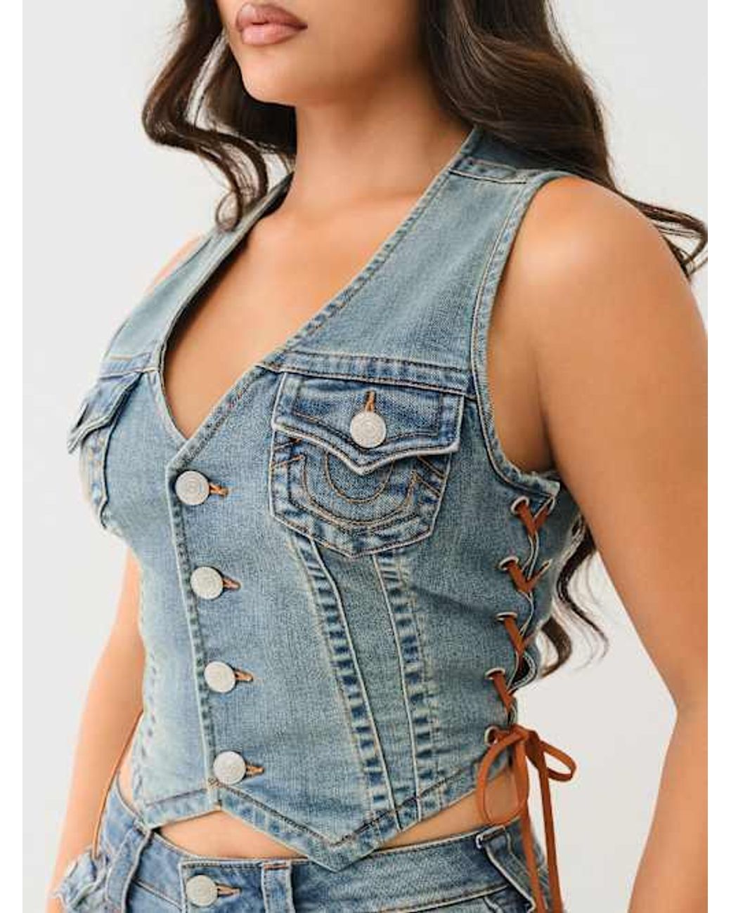 TRUE RELIGION Lace Up Denim Vest in Blue | Lyst