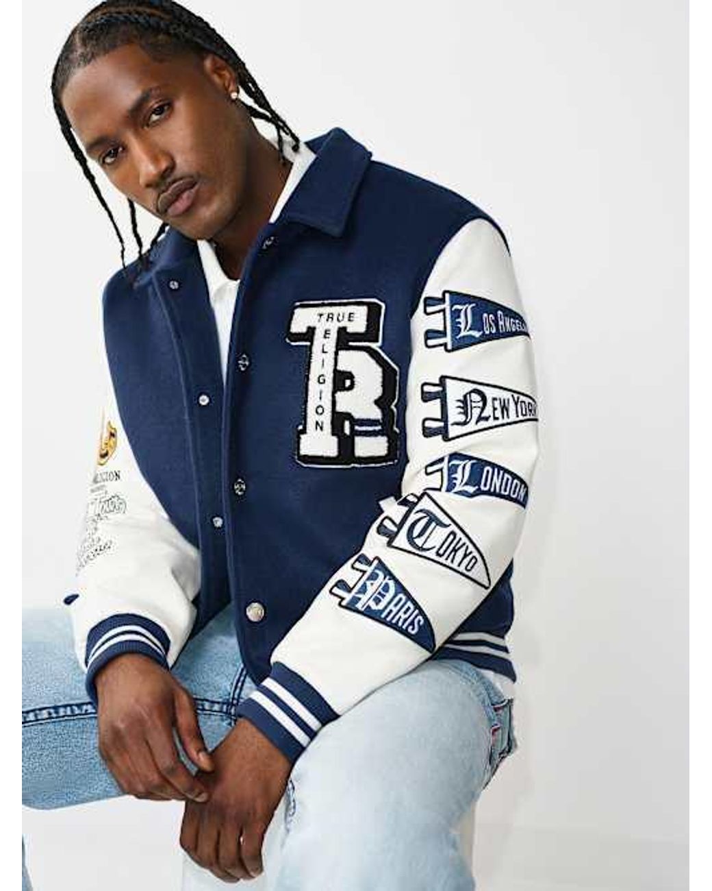 TRUE RELIGION Crest Wool Varsity Jacket in Blue for Men | Lyst