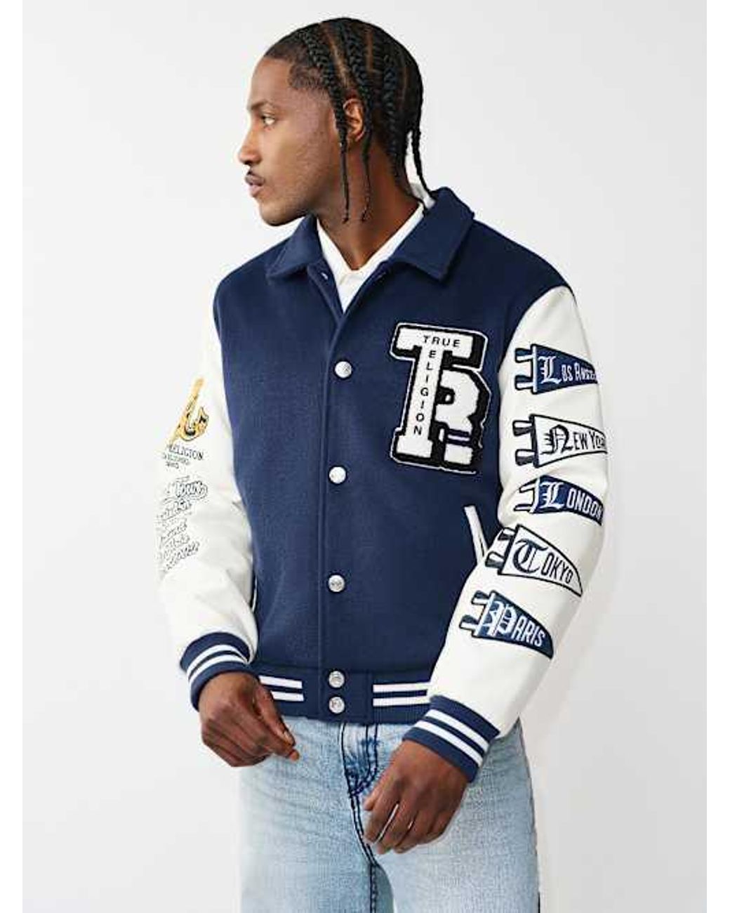 TRUE RELIGION Crest Wool Varsity Jacket in Blue for Men | Lyst