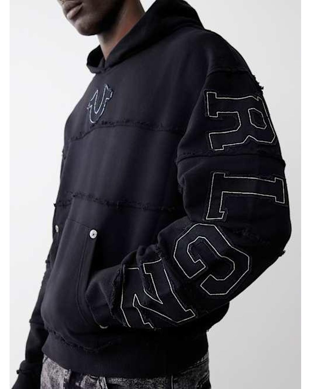 True Religion Stacked Frayed Logo Applique Hoodie in Blue | Lyst