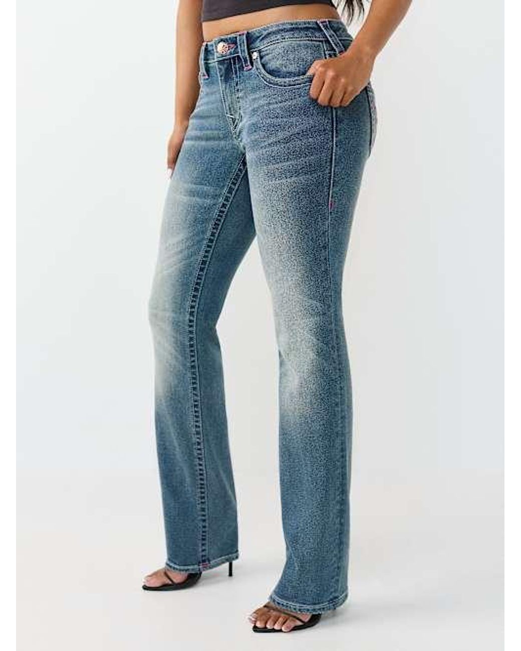 TRUE RELIGION Billie Mid Rise Crystal Cherry Straight Jean in Blue | Lyst