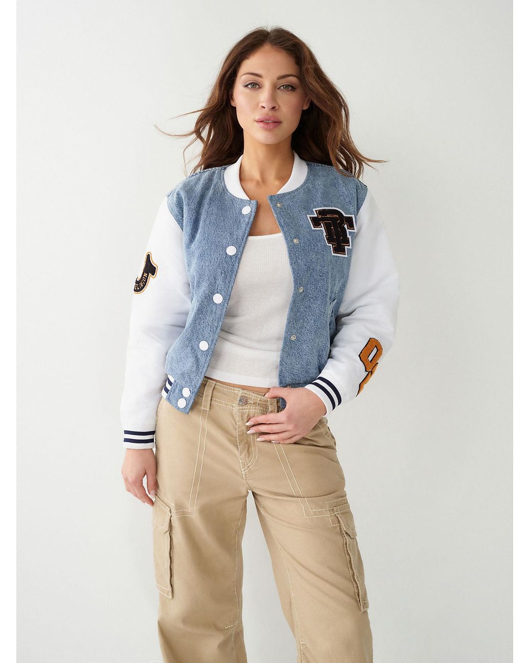 TRUE RELIGION Denim Varsity Jacket in Blue | Lyst