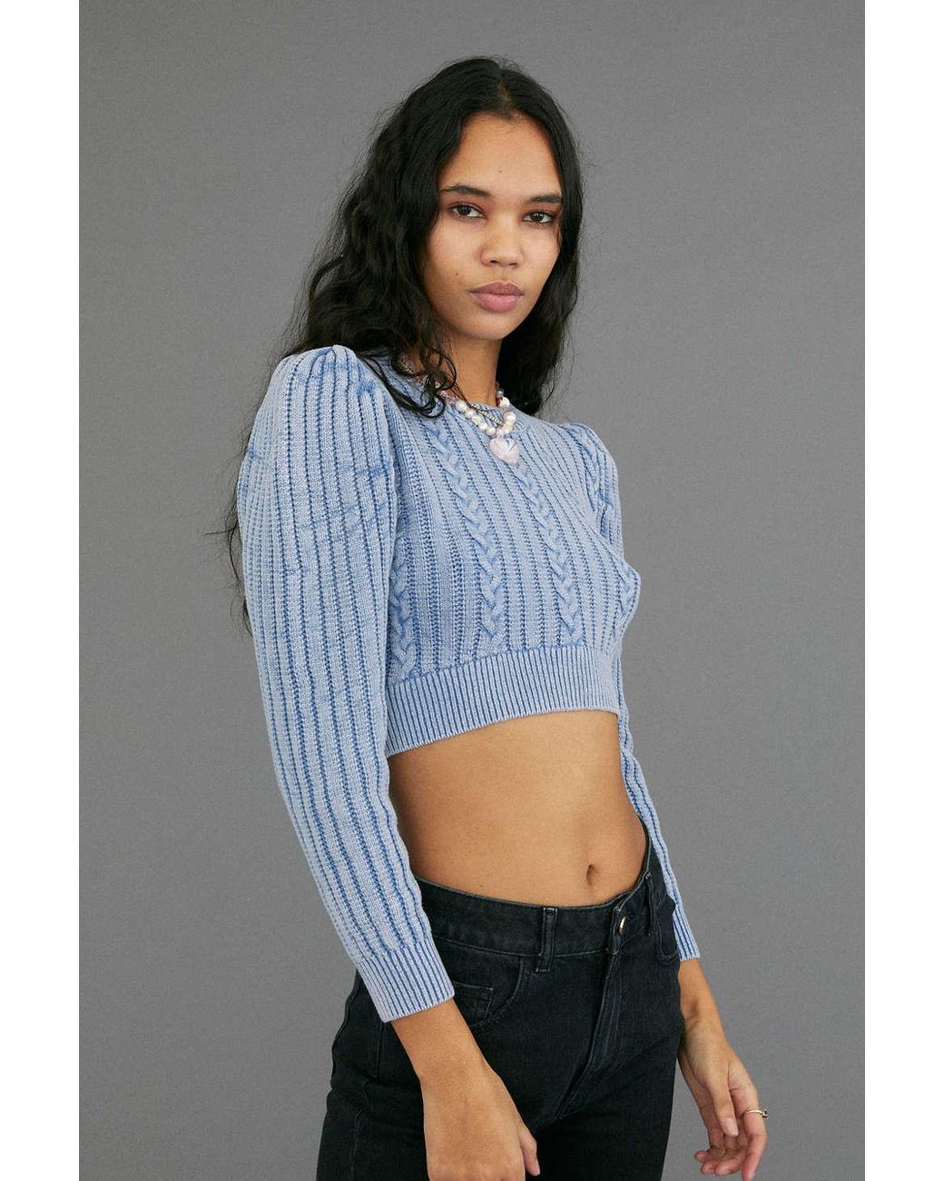 Urban Outfitters Uo Cropped Cable Knit Sweater In Blue Lyst