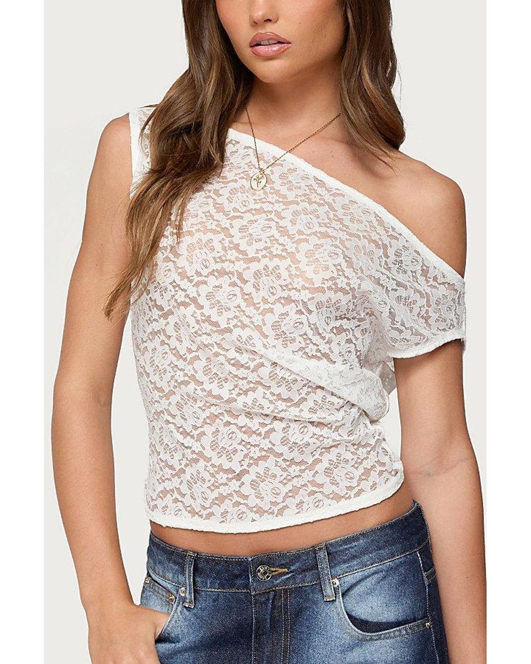 Edikted Kessa Sheer Lace Off Shoulder Top in Brown | Lyst
