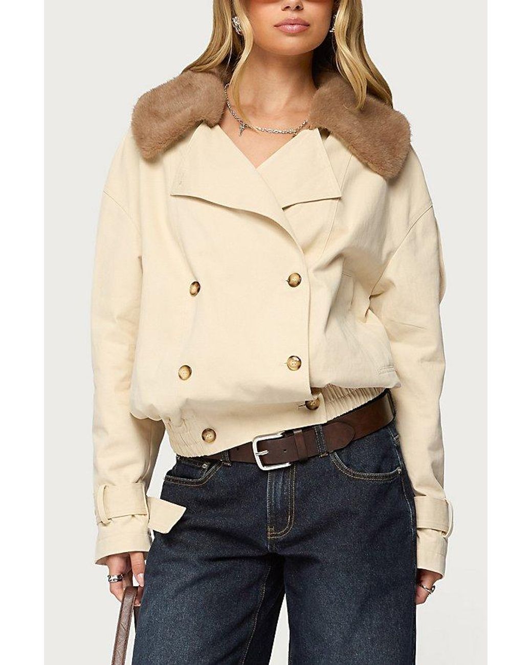 Edikted Detachable Faux Fur Trench Coat Jacket in Natural | Lyst