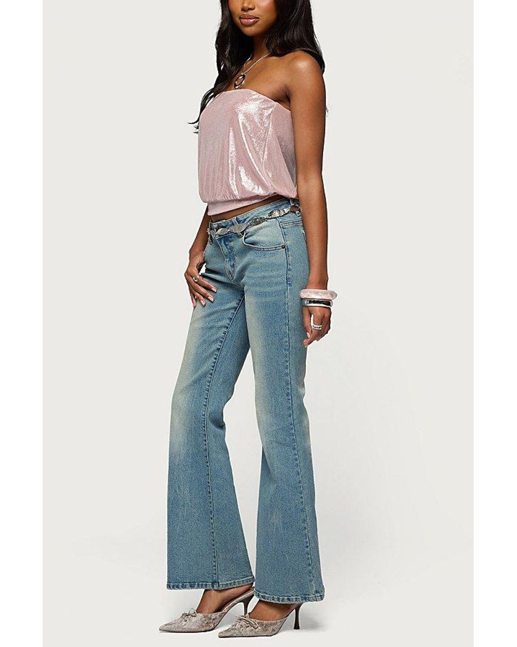 Edikted Leira Silky Sparkly Strapless Top in Blue | Lyst