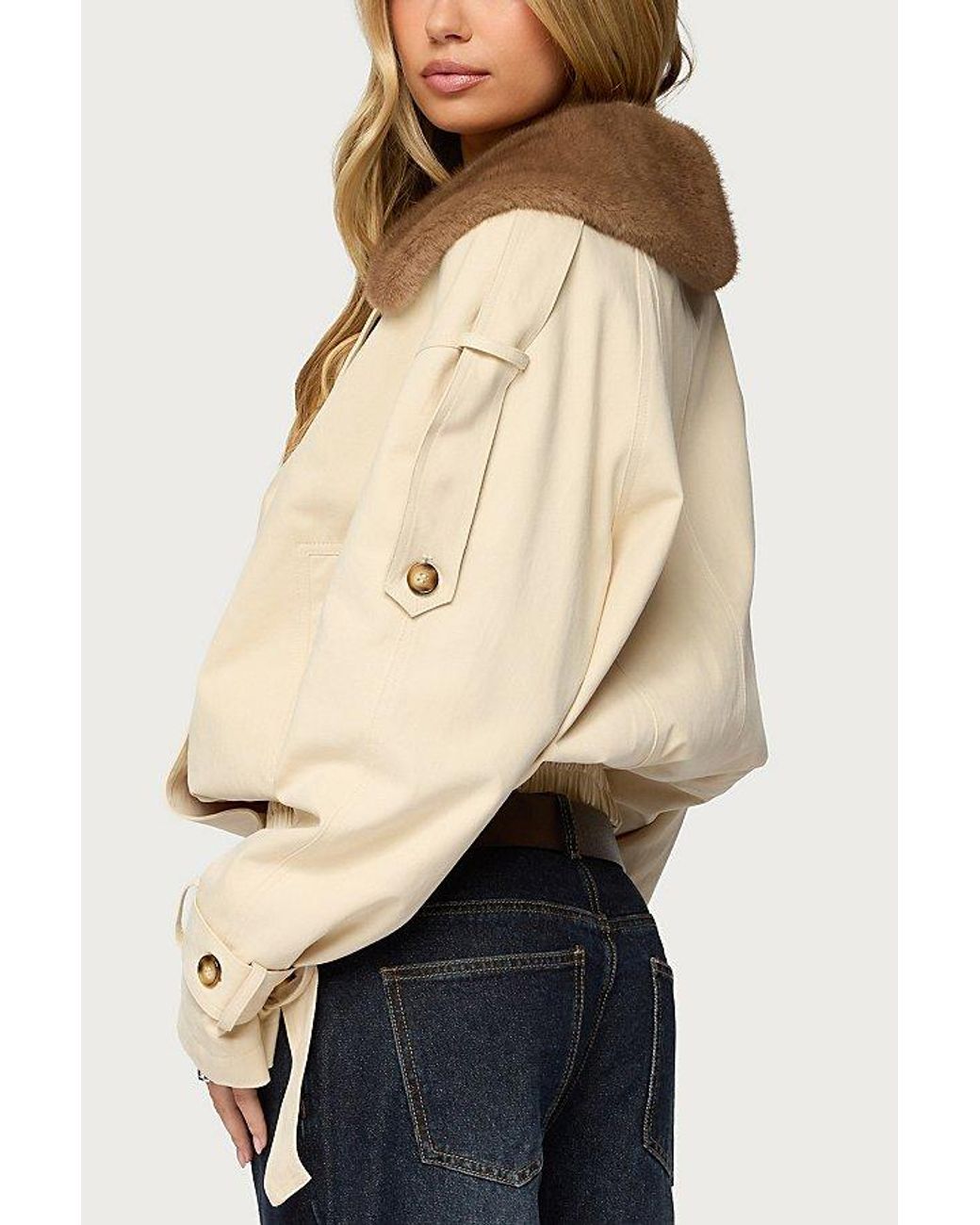 Edikted Detachable Faux Fur Trench Coat Jacket in Natural | Lyst