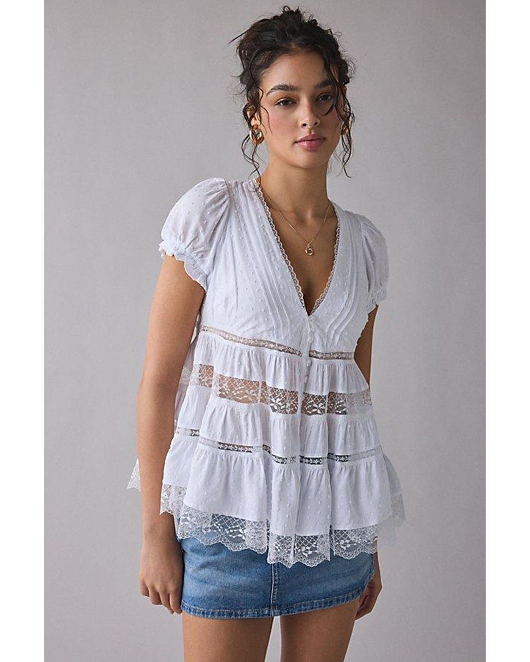 Kimchi Blue Dawn Sheer Lace Trim Puff Sleeve Babydoll Top in White | Lyst