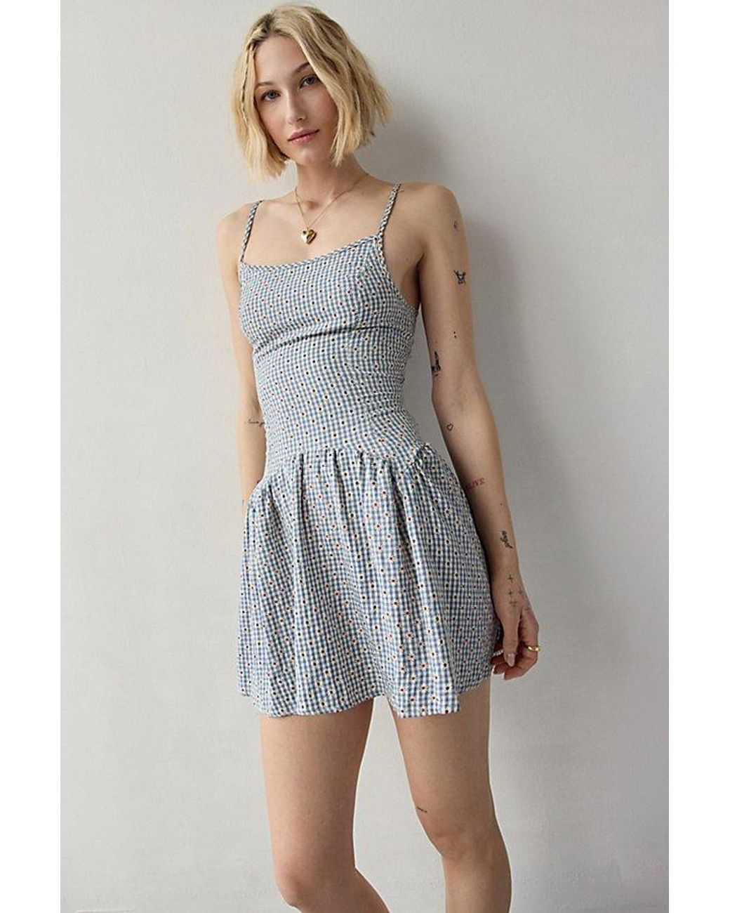 Daisy Street Drop Waist Bow-Back Gingham Mini Dress in Blue | Lyst