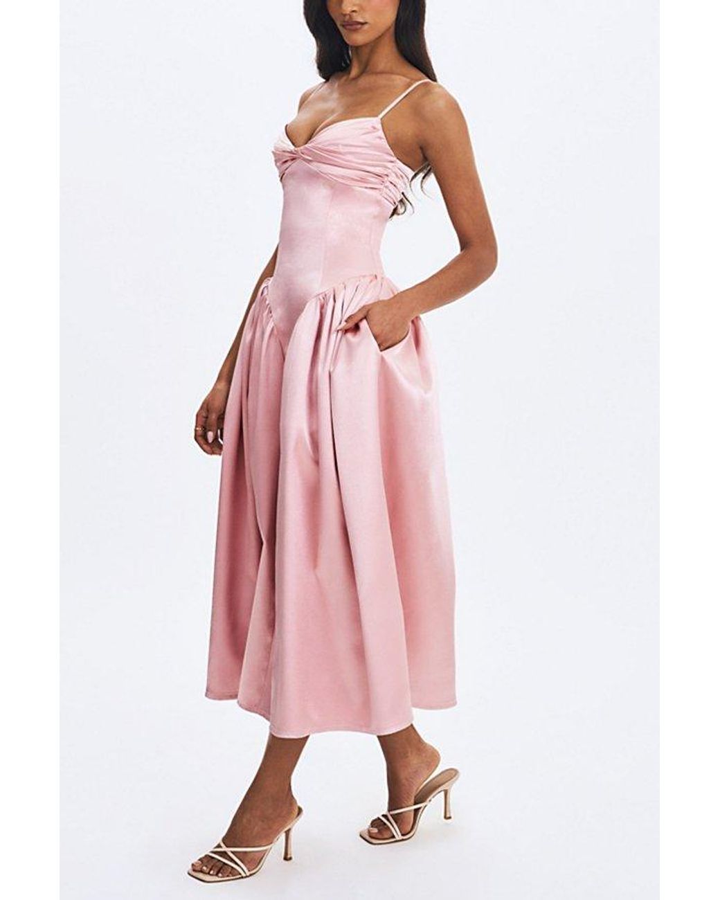 Miss Circle Tullia Satin Ruched Midi Dress in Pink | Lyst