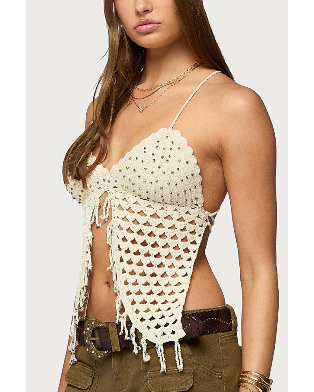 Edikted Maggie Bead Split Front Backless Crochet Top in Black | Lyst