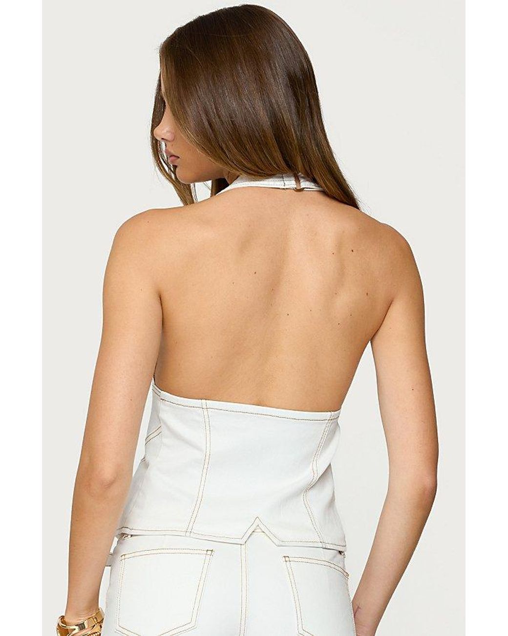 Edikted Ciel Split Front Denim Halter Top in White | Lyst