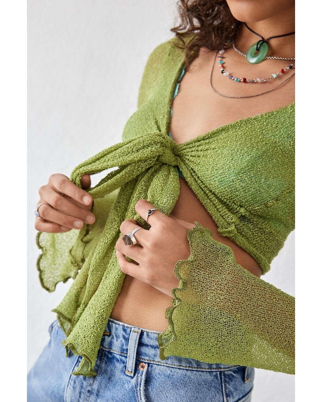 Urban Outfitters Uo Sheer Boucle Multi-wear Tie-front Top in Green ...