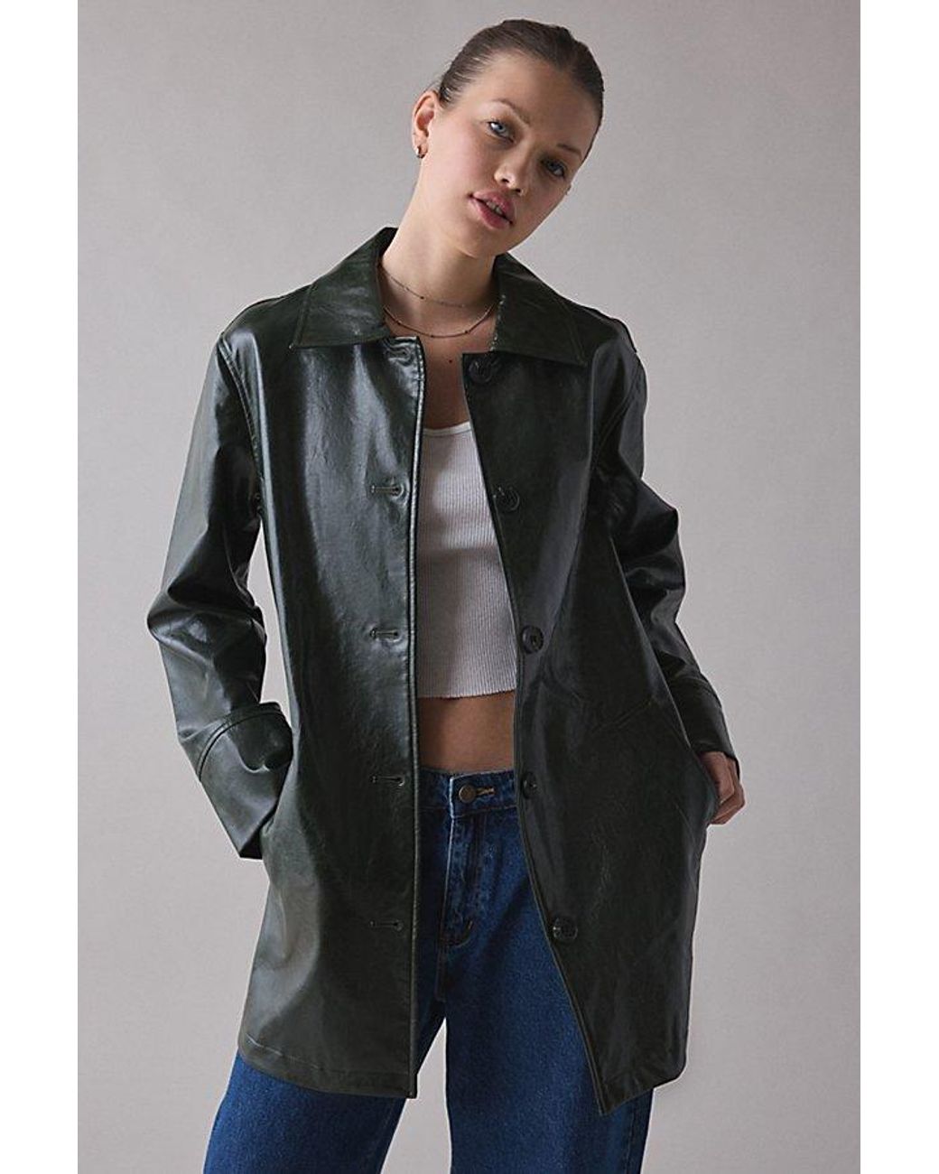 Urban Outfitters Uo Jojo Faux Leather Trench Coat Jacket in Gray | Lyst