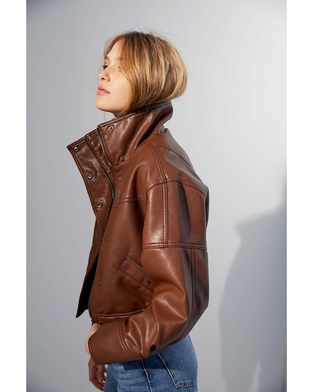 Urban Outfitters Uo Faux Leather Bomber Jacket in Brown | Lyst